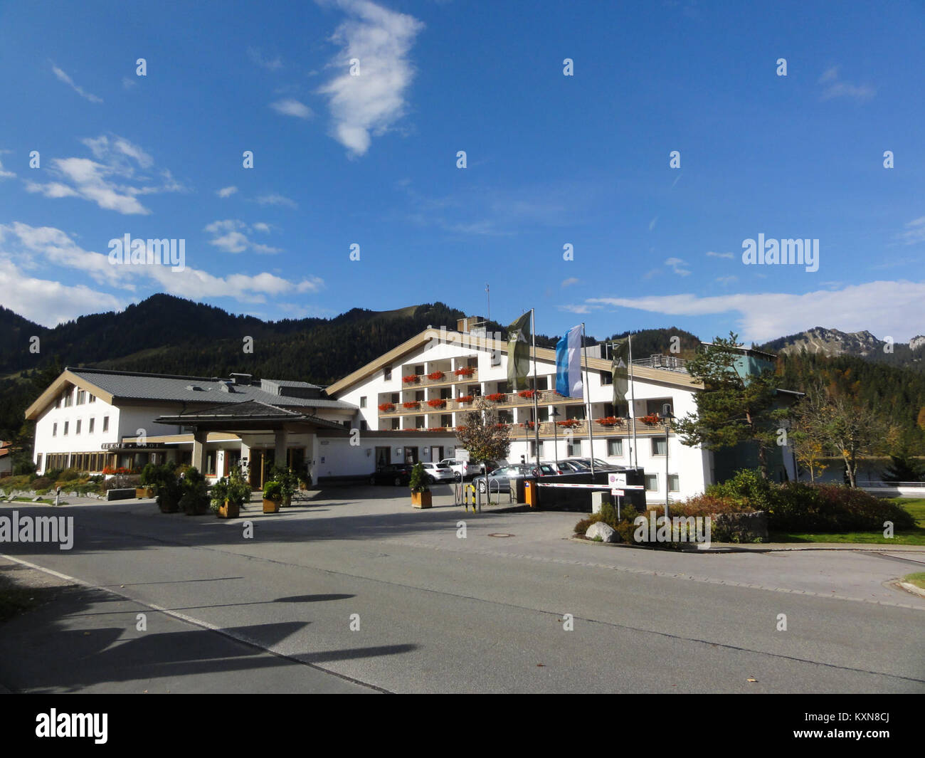 Lake spitzingsee with the hotel arabella alpenhotel hi-res stock ...