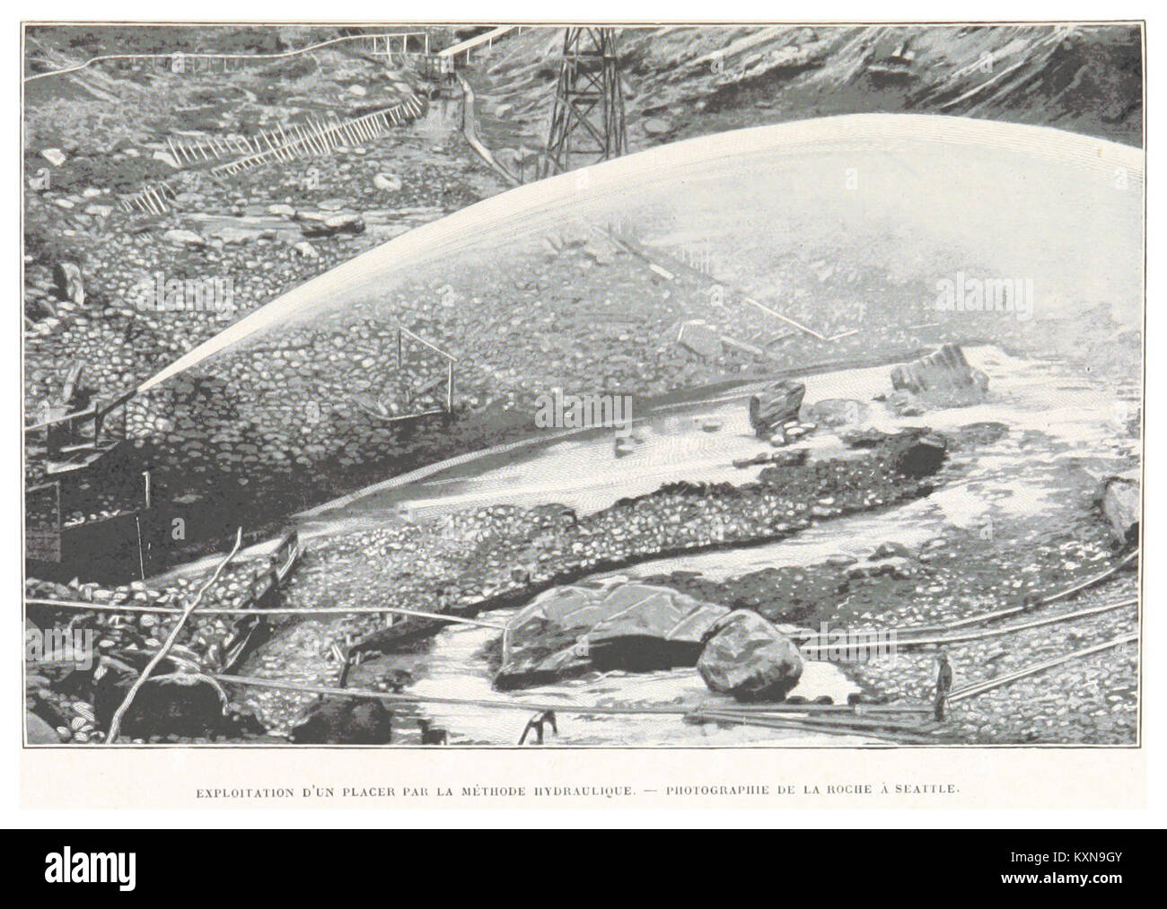 Photograph from 1899 by La Roche showing placer mining using hydraulic ...