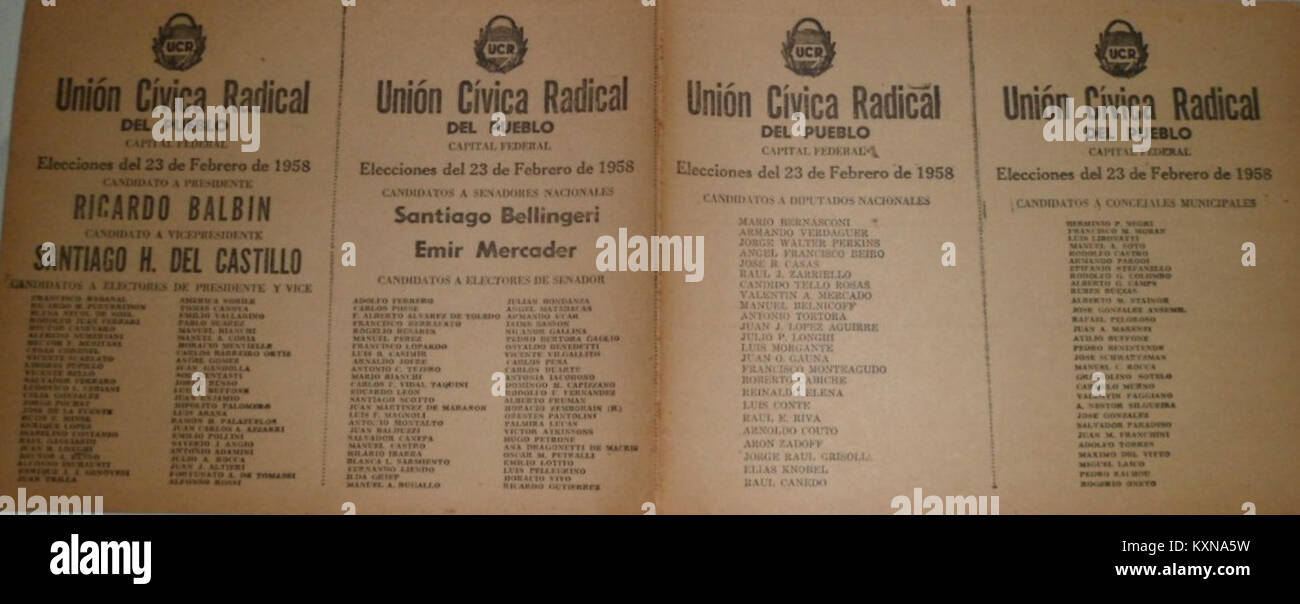 This image shows a 1958 electoral ballot from the UCRP (Unión Cívica ...