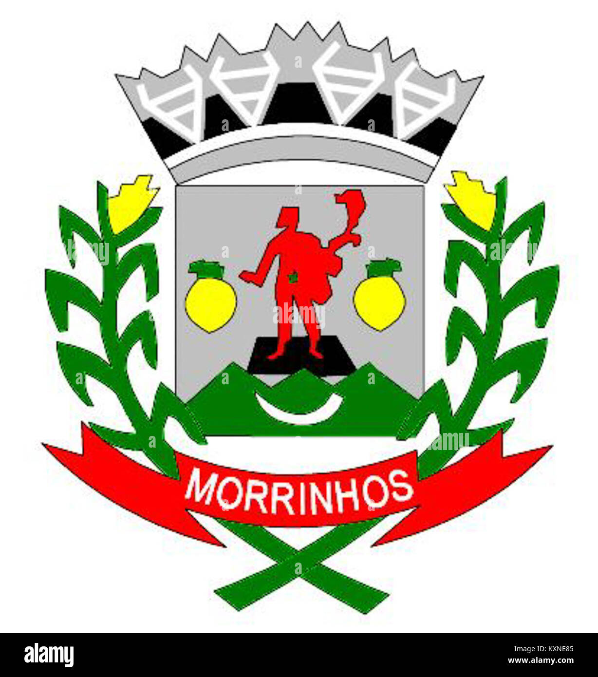 The coat of arms of Morrinhos, Goiás, Brazil, features a shield divided ...