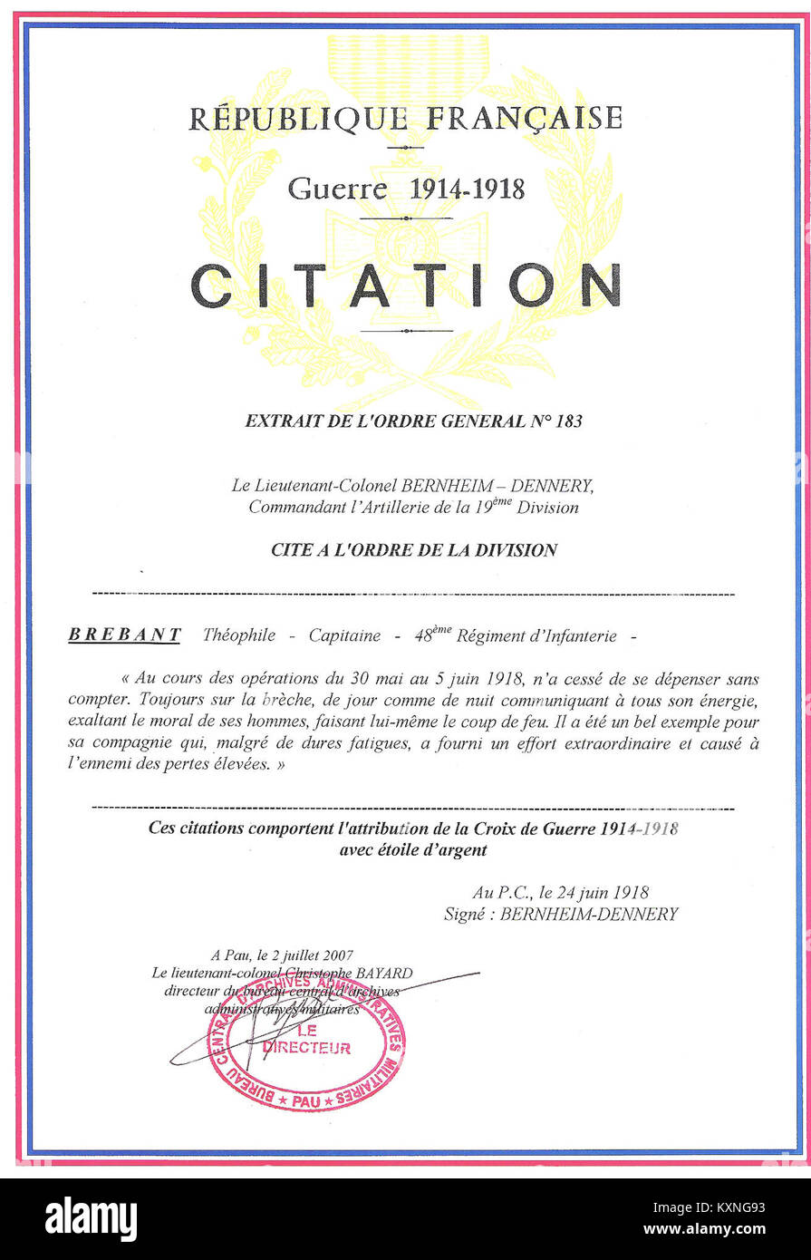 A French military order titled 'Cité à l'ordre de la division ...