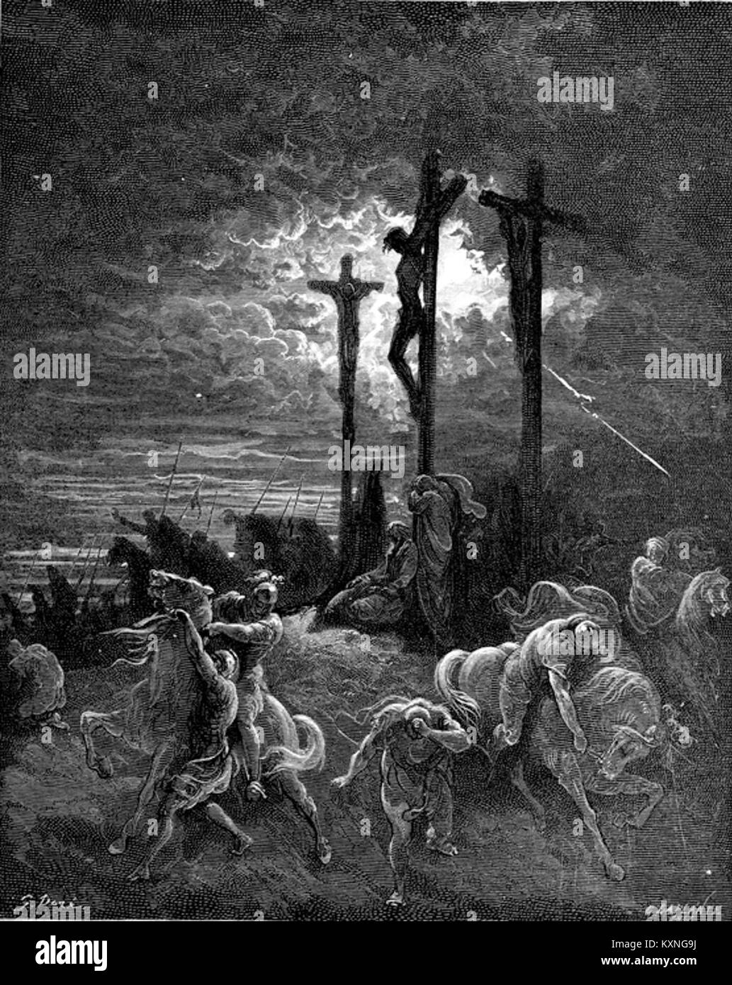 A depiction of the crucifixion scene, focusing on the emotional and dramatic use of darkness ...