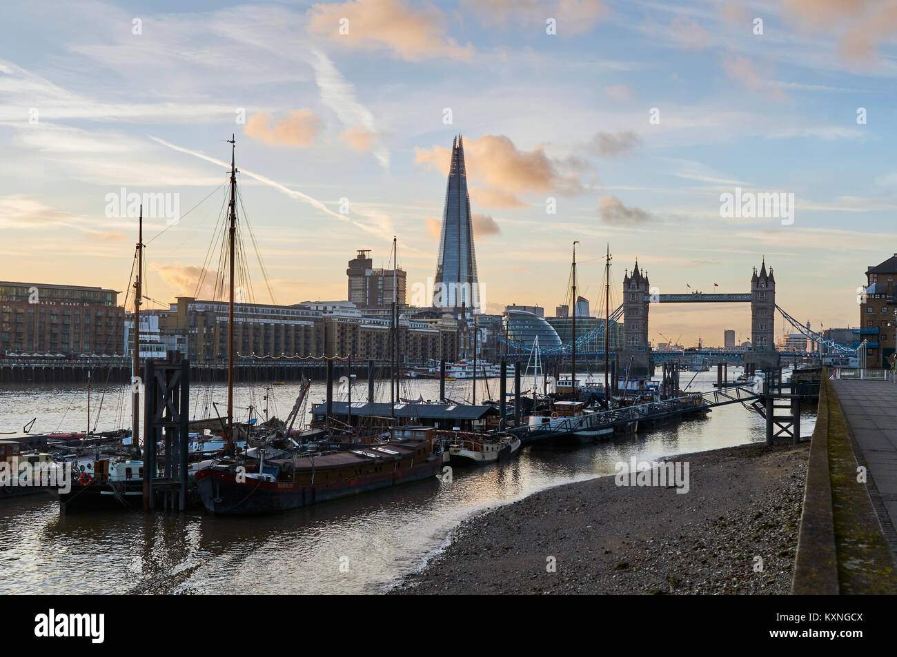 The River Thames at Wapping, looking west towards Tower Bridge and the ...