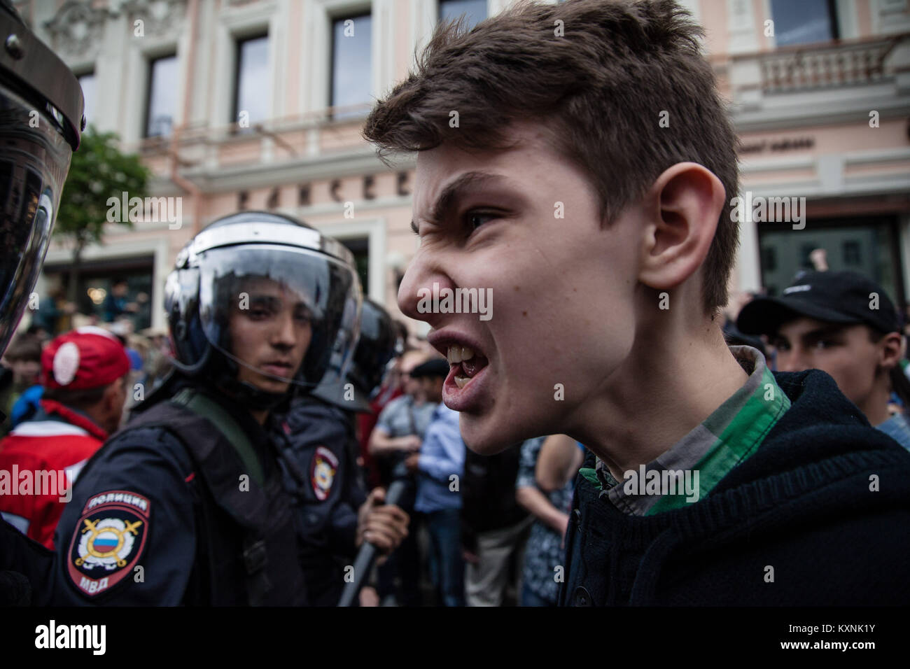 Moscow, Russia. 12th June, 2017. An angry protester seen shouting at ...