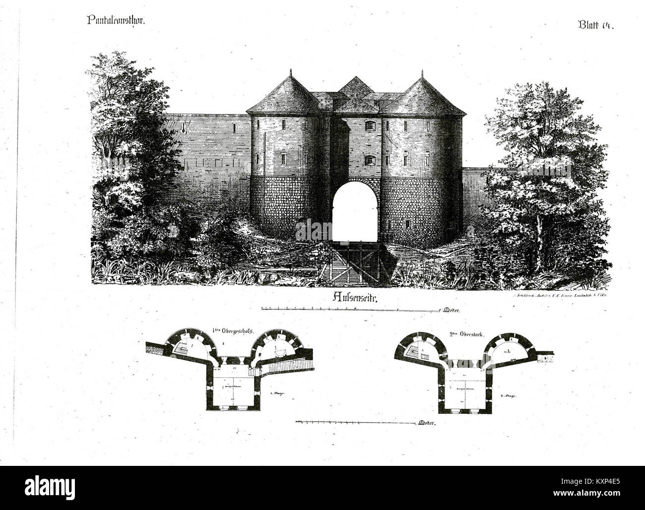 A historical map or diagram depicting the gates and fortifications of ...