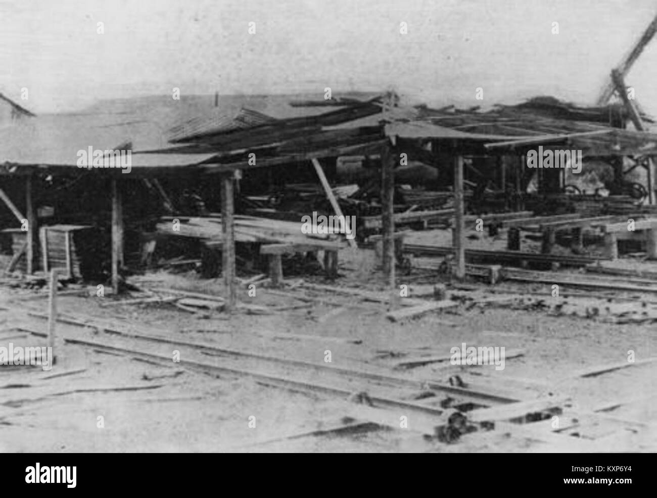 Photograph showing the damage caused by a cyclone to Till's sawmills in ...