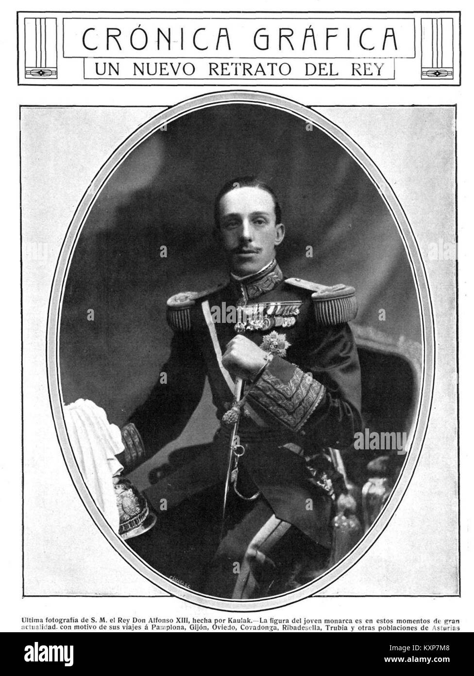 This graphic portrait depicts Alfonso XIII, the King of Spain, created ...