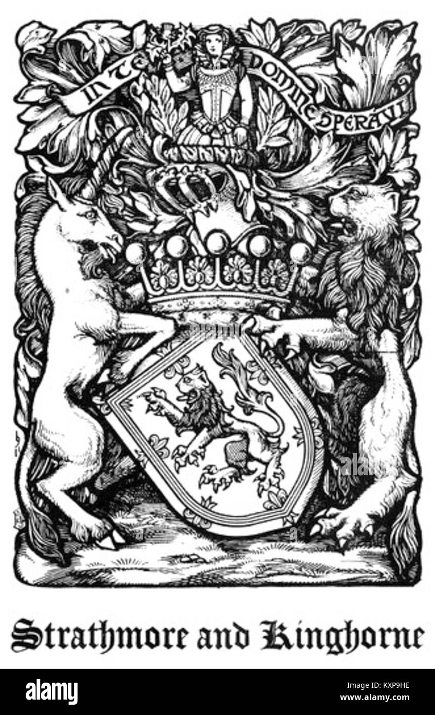 The coat of arms of the Earl of Strathmore and Kinghorne, representing ...