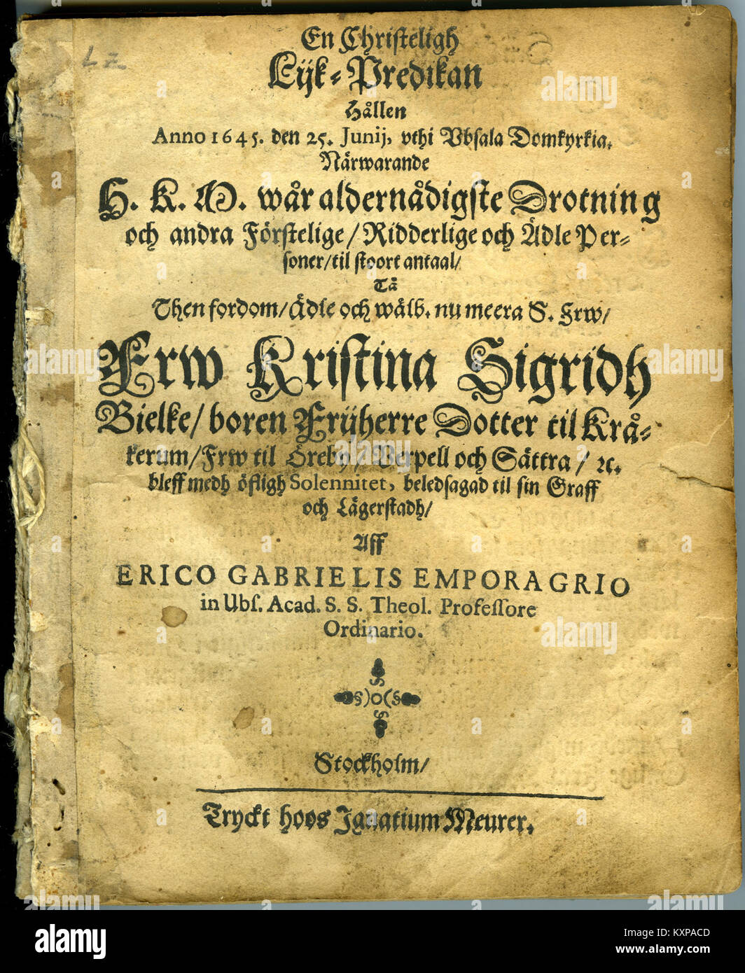 1645 title page of a Christian funeral sermon at Uppsala Cathedral ...