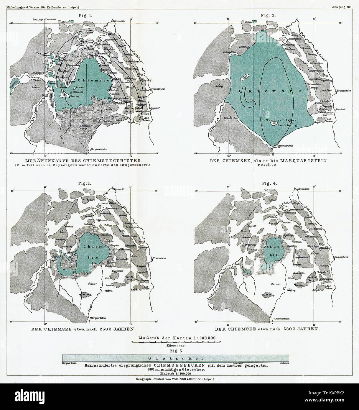 This image presents a retouched map of the Chiemsee area in Germany ...
