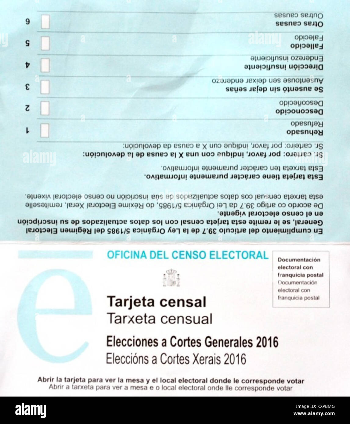 This document shows the electoral register card for the 2016 Cortes ...