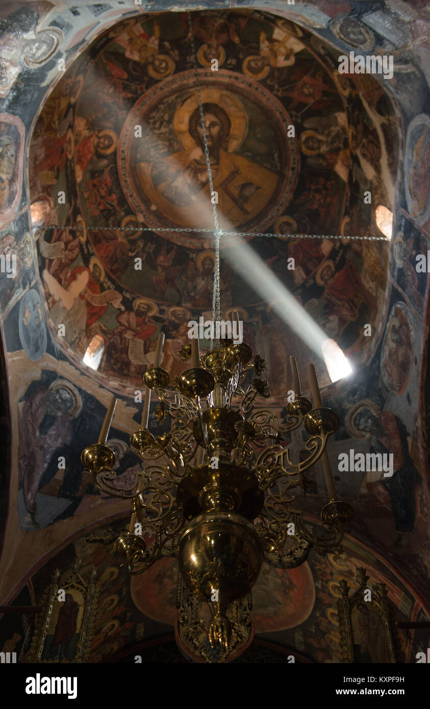 Beam of light shining through window over alter, Meteora, Greece Stock ...