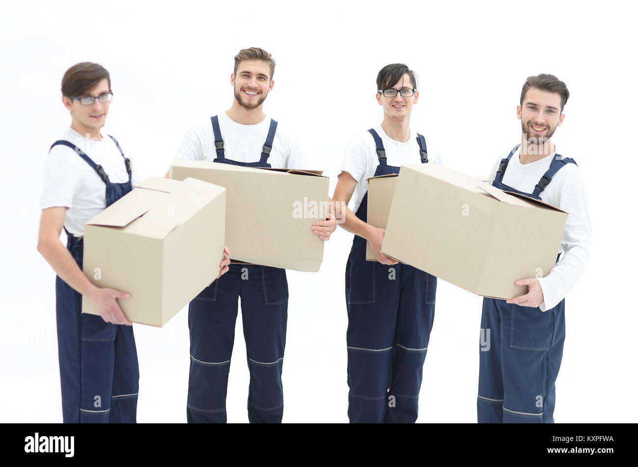 photo workers holding boxes when moving flats Stock Photo - Alamy