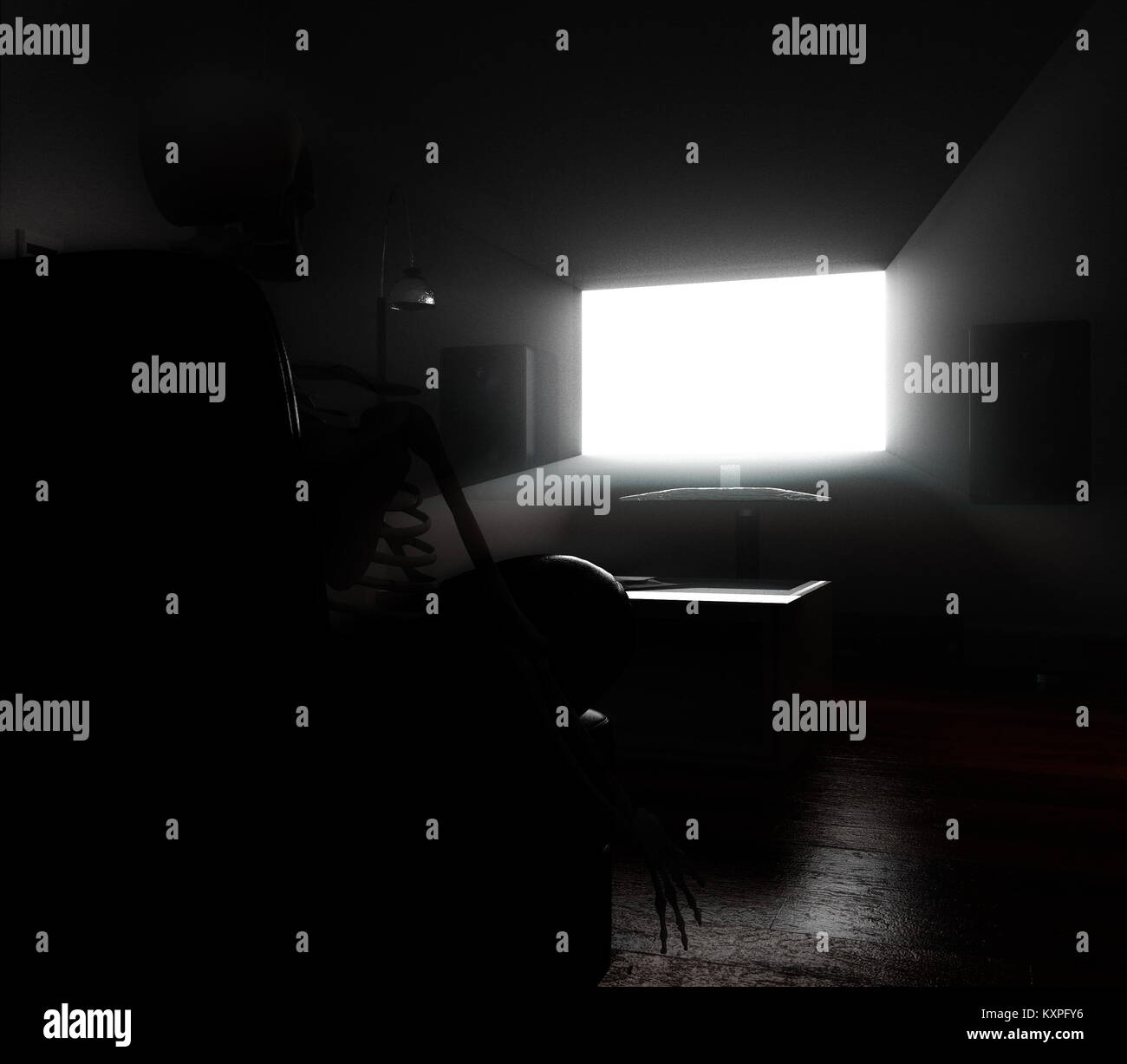 skeleton watching TV - sucking energy - unhealthy living Stock Photo ...