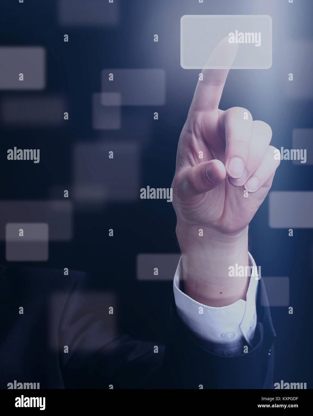 business man pressing a touchscreen button on dark background Stock ...