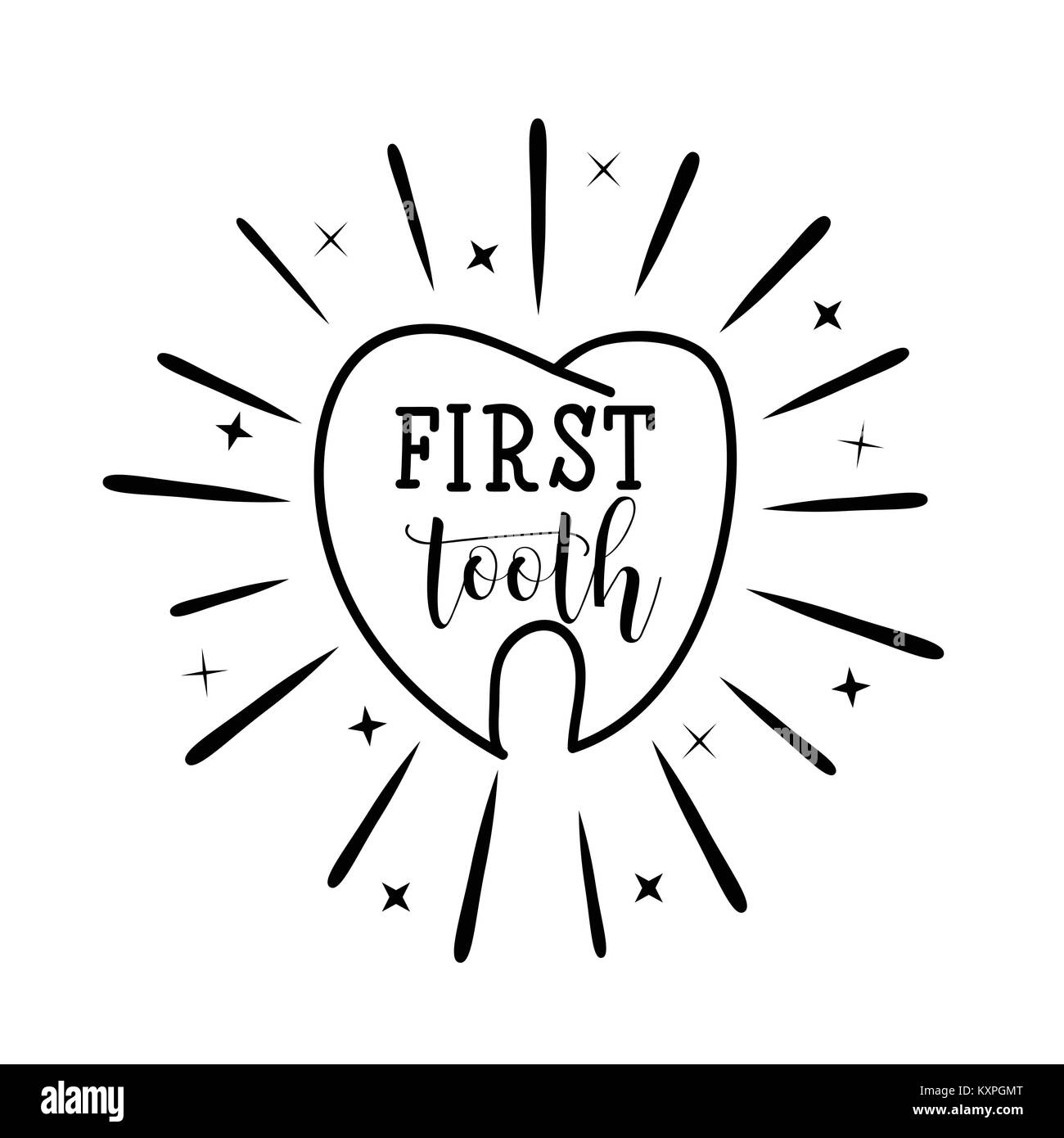 First tooth lettering. Vector hand drawn illustration. Baby greeting ...