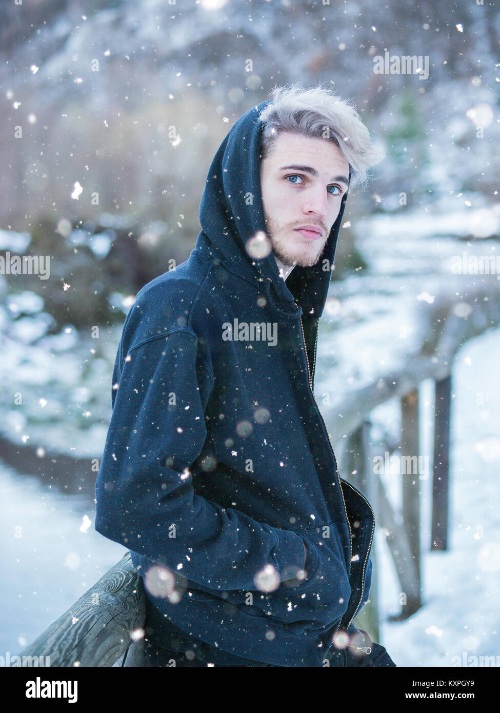 Handsome man in snowfall posing at camera Stock Photo - Alamy