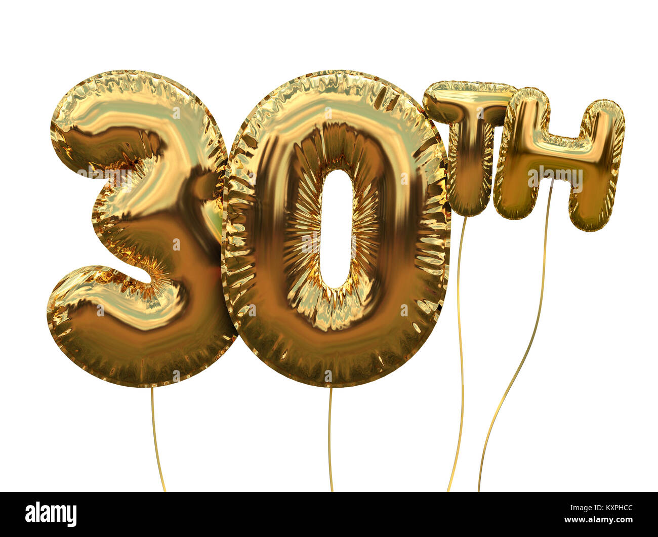 Gold number 30 foil birthday balloon isolated on white. Golden party ...
