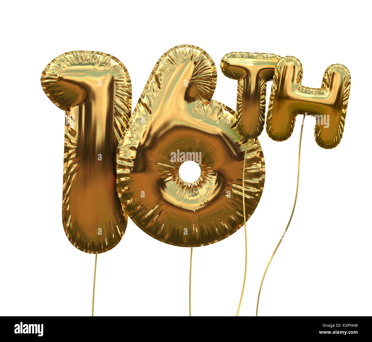 Gold number 16 foil birthday balloon isolated on white. Golden party ...