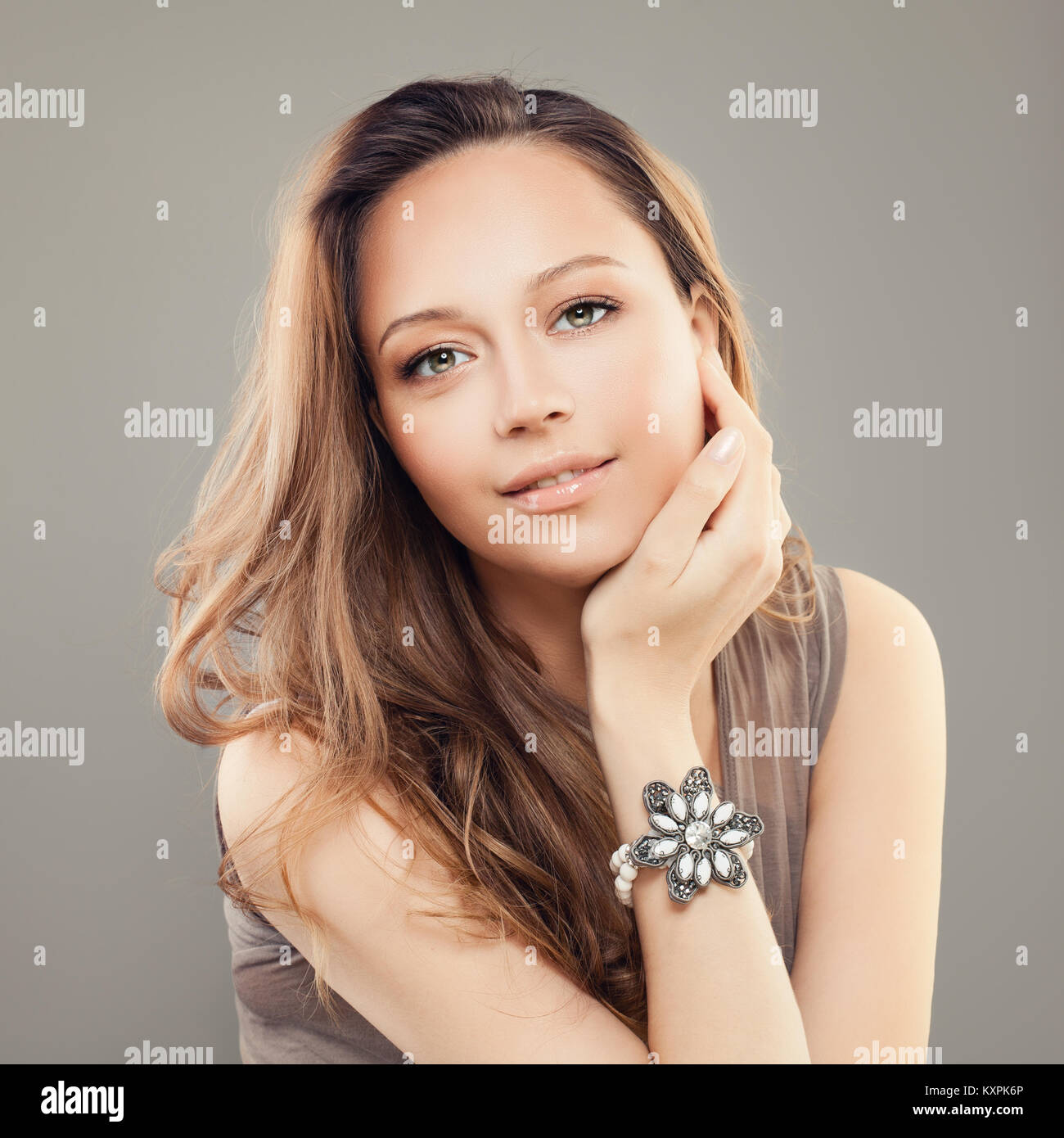 Perfect Woman Fashion Model with Pearls Bracelet on Arm Stock Photo - Alamy