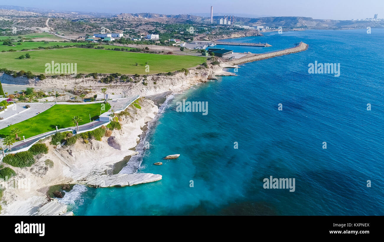Aerial view of coastline and landmark big white chalk rock at Governor ...