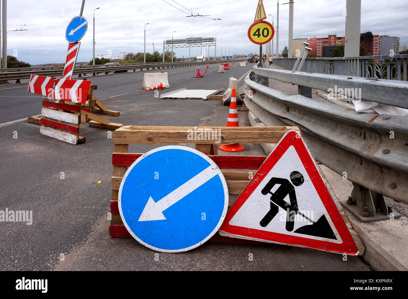 warning road repairs road signs, the repair of the roads Stock Photo ...