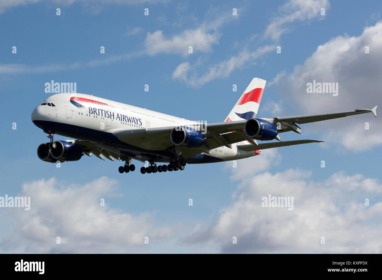 British Airways Airbus A380-841 G-XLEL landing at London Heathrow Stock ...