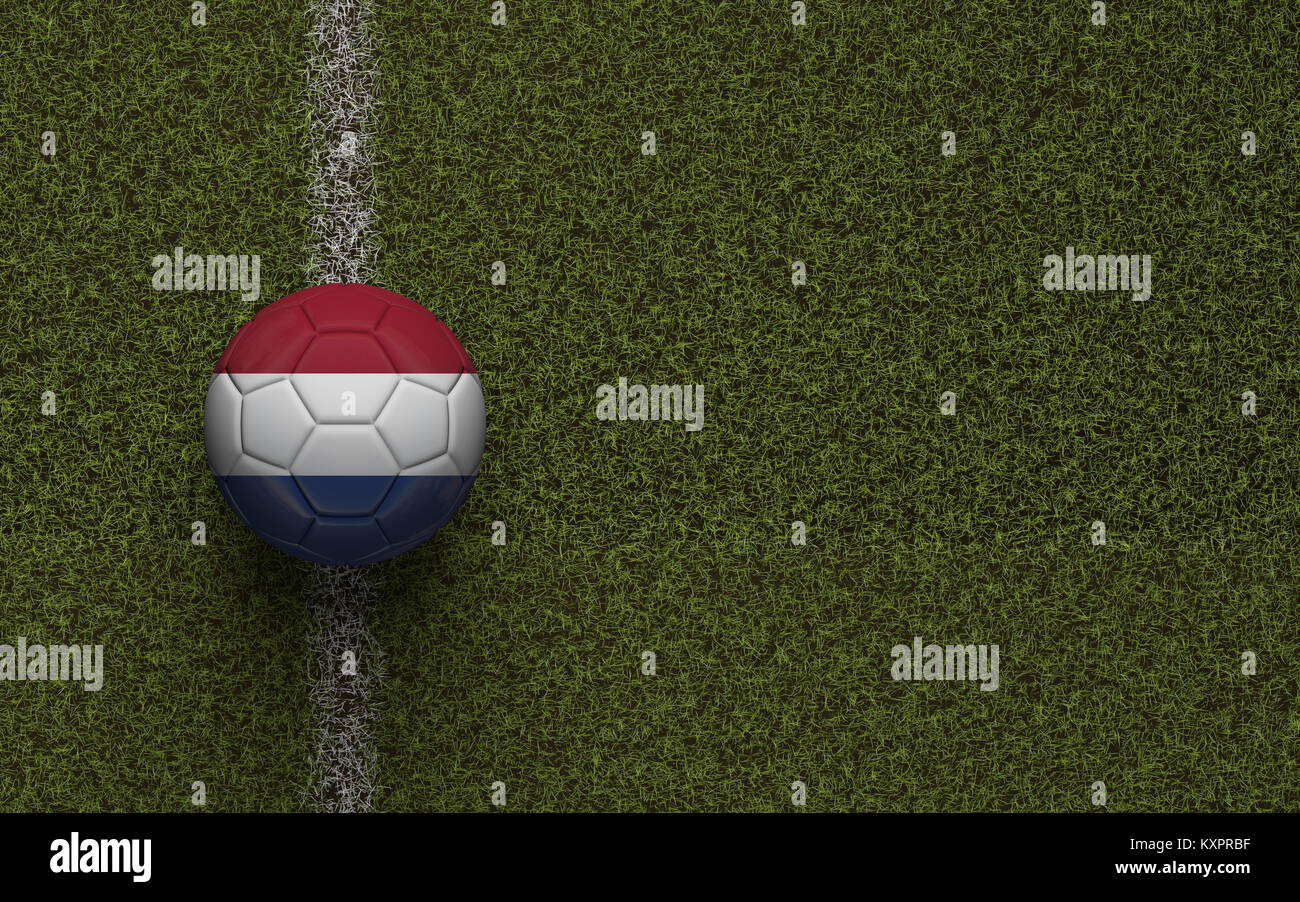 Netherlands flag football on a green soccer pitch. 3D Rendering Stock ...