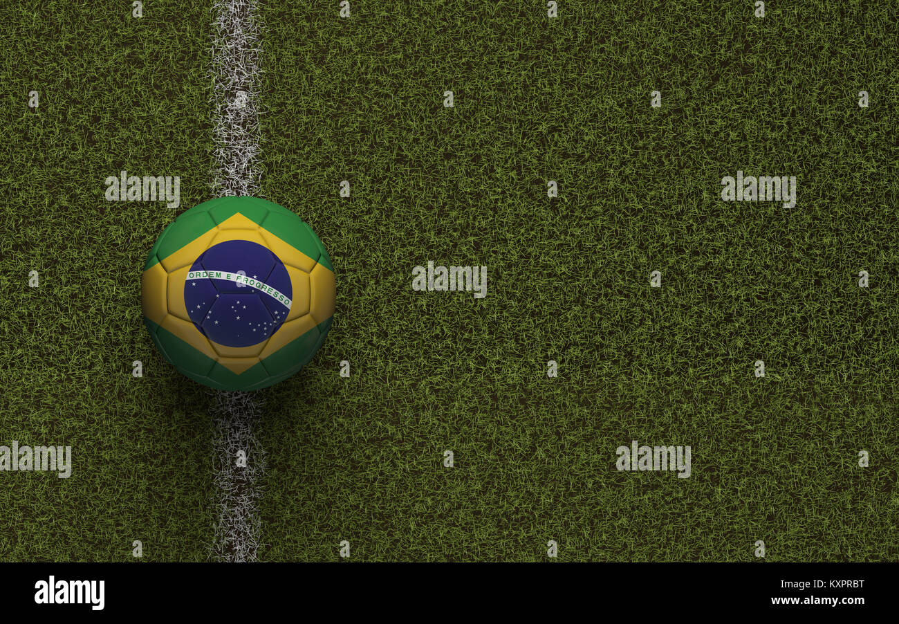 Brazil flag football on a green soccer pitch. 3D Rendering Stock Photo ...
