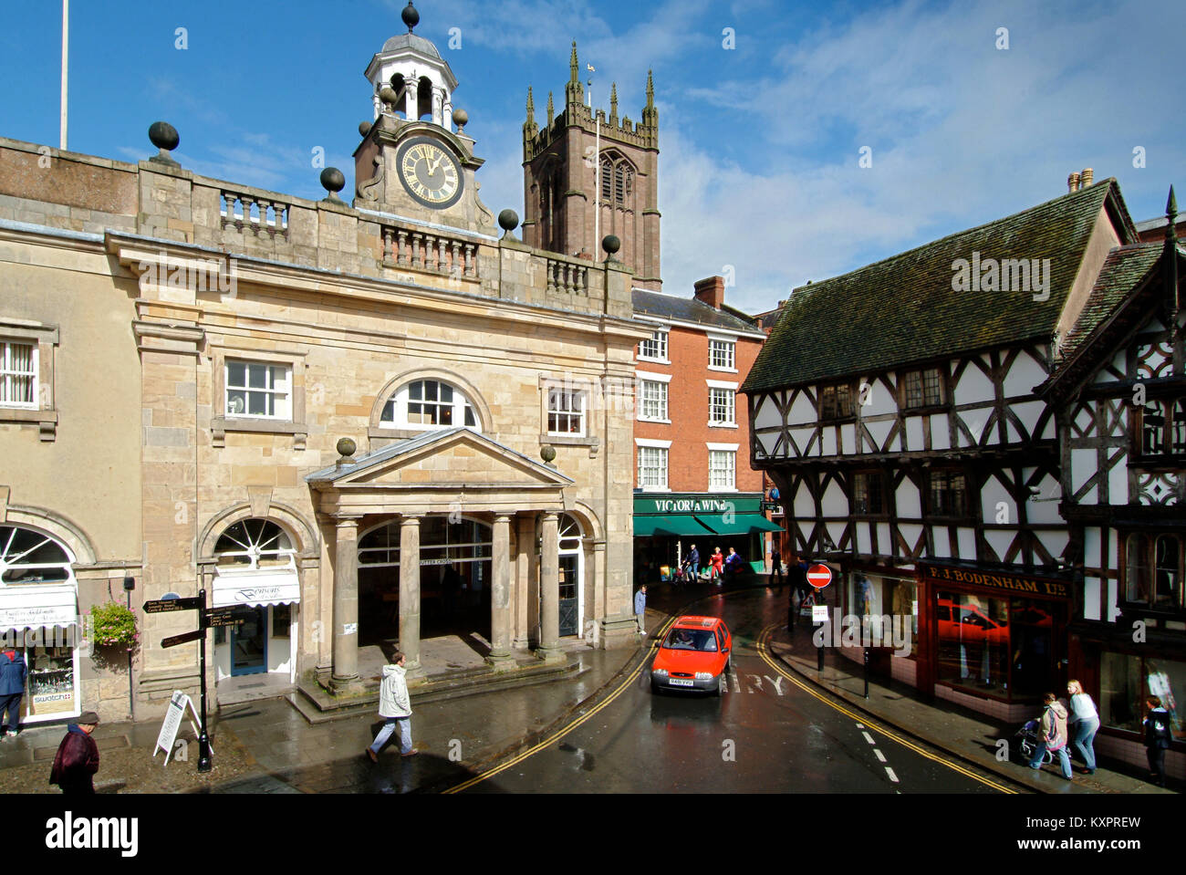 Ludlow, Shropshire town centre showing the town hall (clock) and half ...