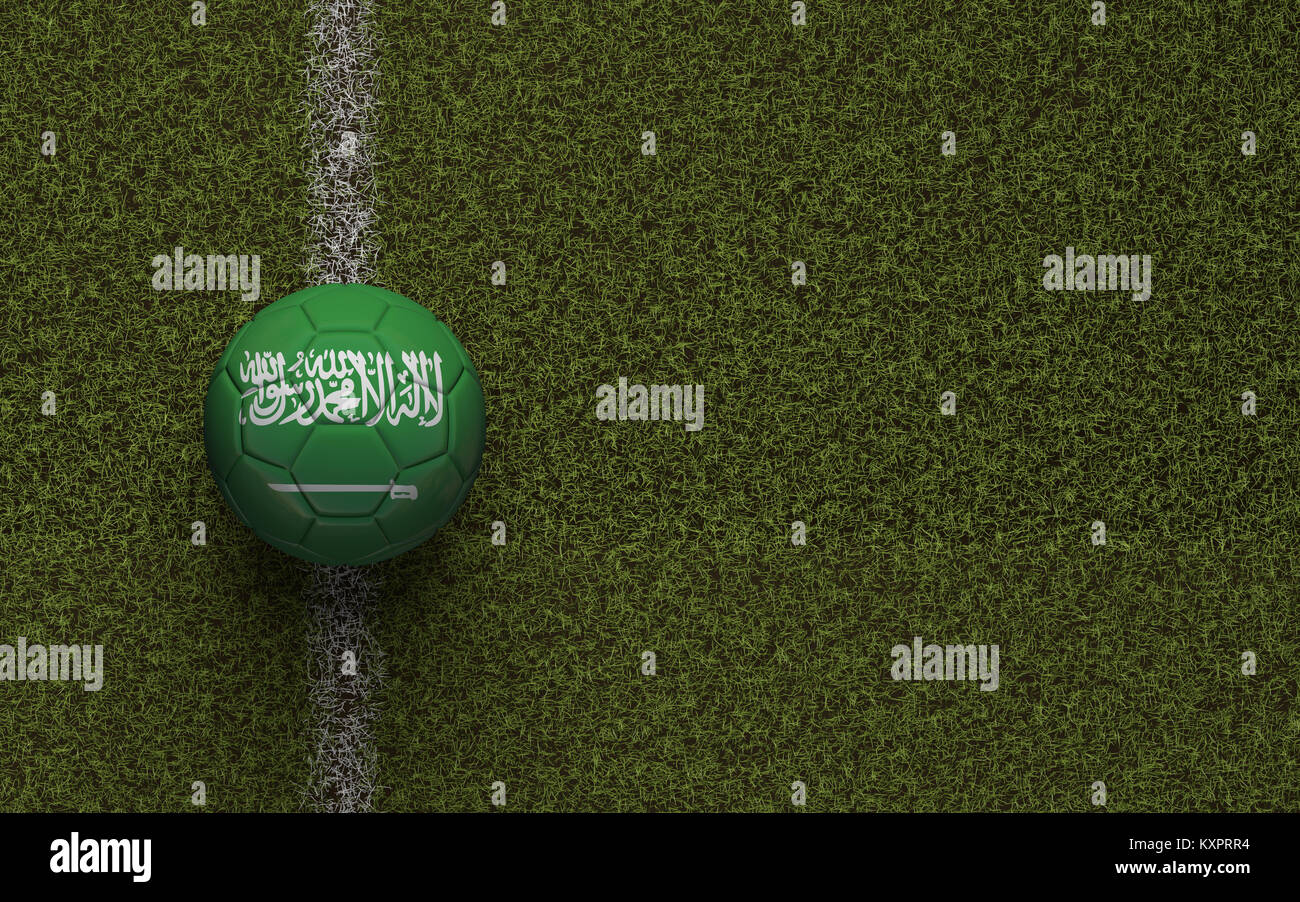 Saudi Arabia flag football on a green soccer pitch. 3D Rendering Stock ...