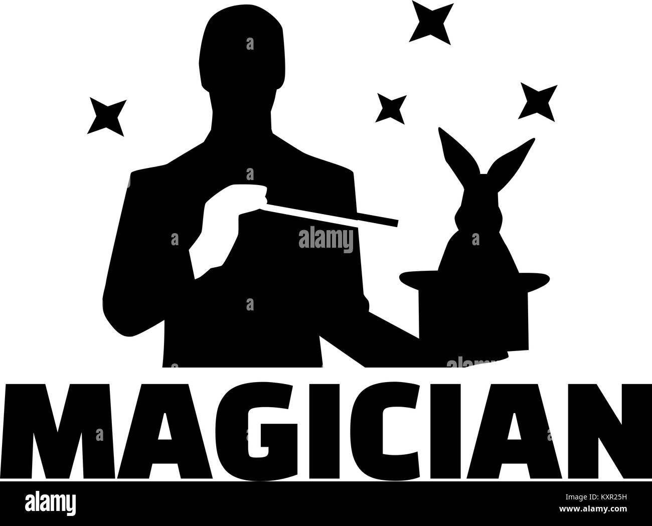 Silhouette of a magician doing a magic trick with bunny and wand and ...