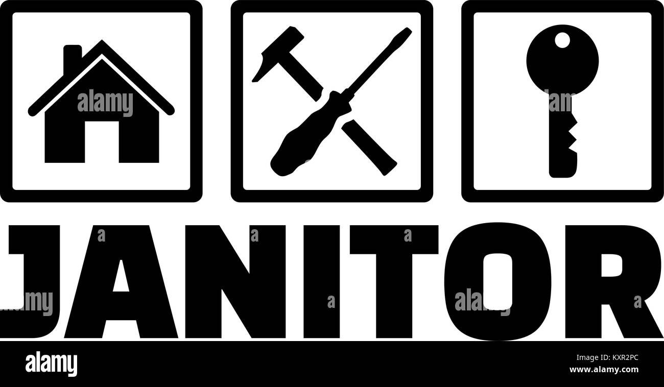 Icons for janitor with house, tools and key and job title Stock Vector ...