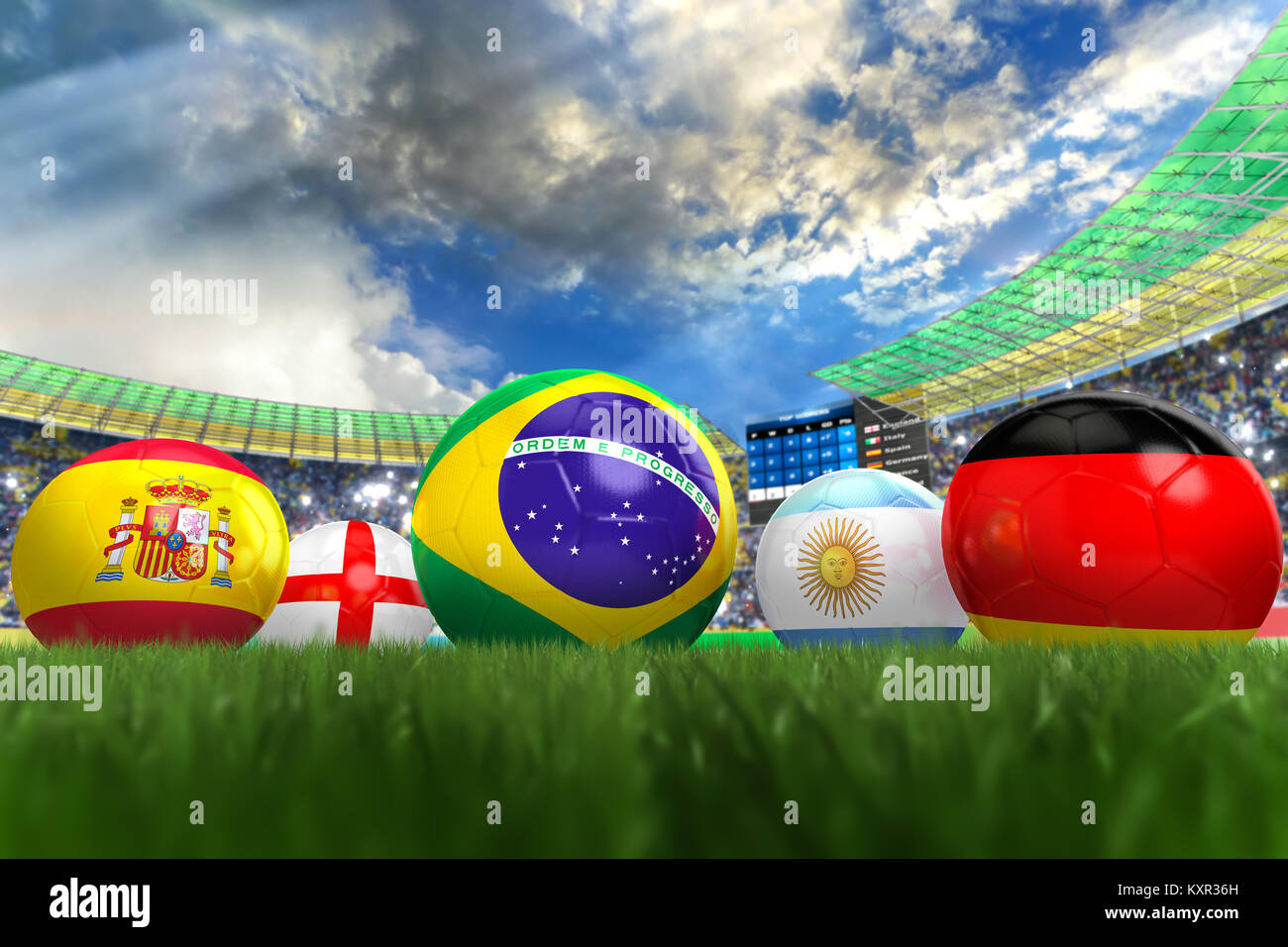 3D rendering of multinational footballs in a football stadium Stock ...