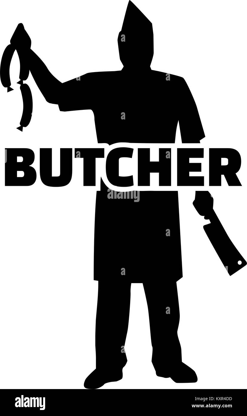 Silhouette of a butcher with knife, sausages and job title Stock Vector ...