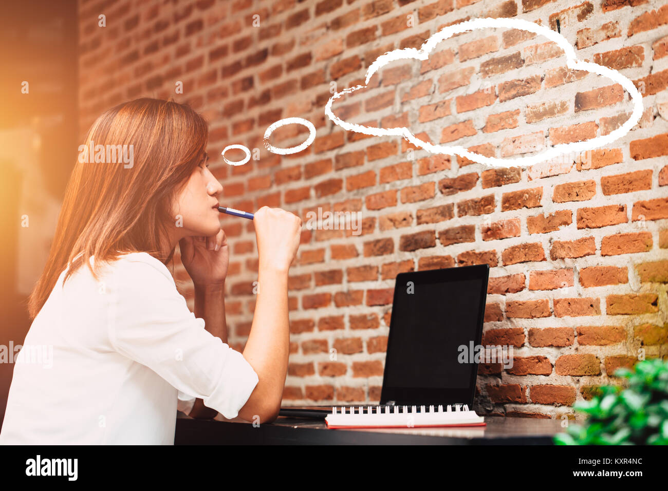 women thinking business with laptop computer asian girl with thinks ...