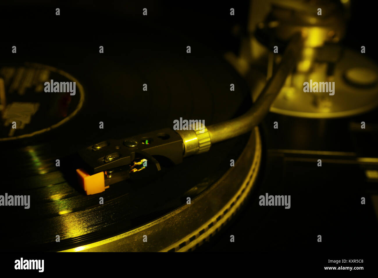 closeup of vinyl turntable, hi-fi headshell cartridge in action, Retro ...