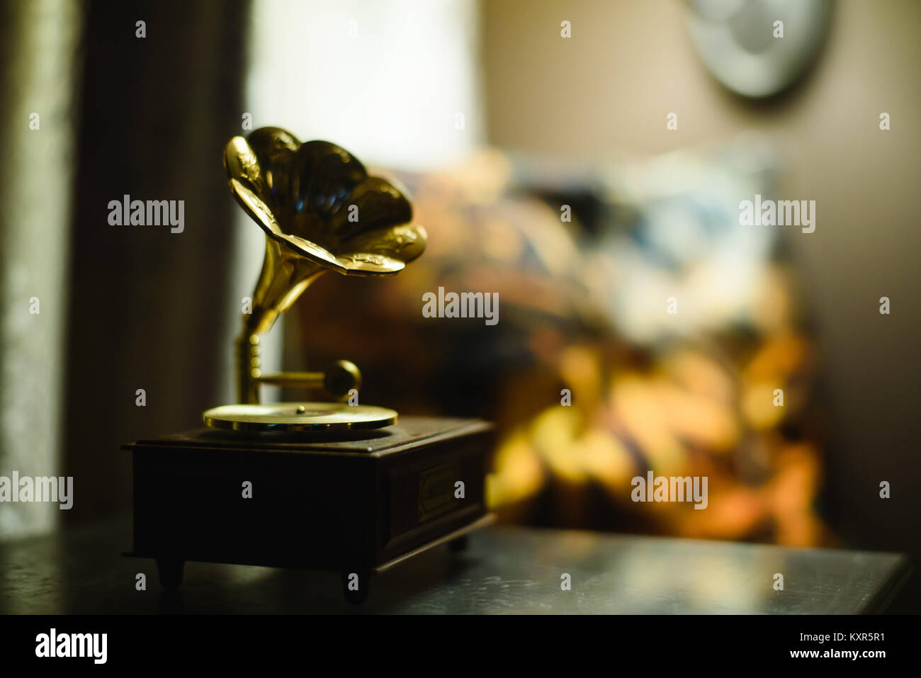 vintage mini gramophone with blur background, old music sound Stock ...