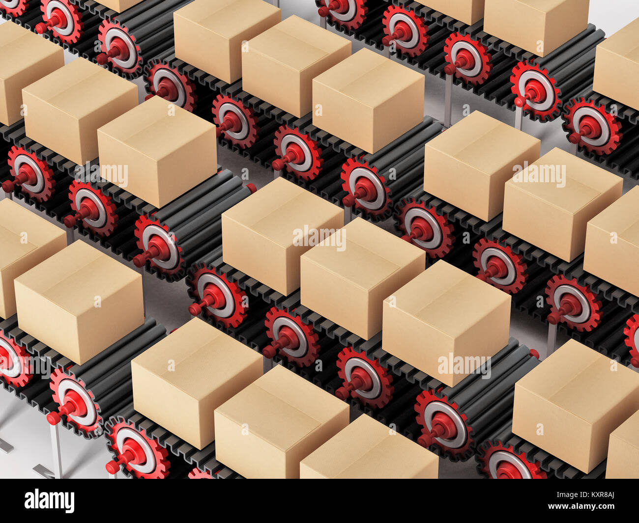 Carton boxes being transported on conveyor belts. 3D illustration Stock ...