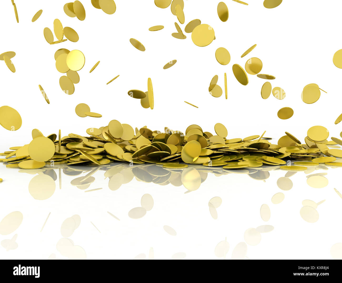Falling golden coins on white glossy background Stock Photo - Alamy