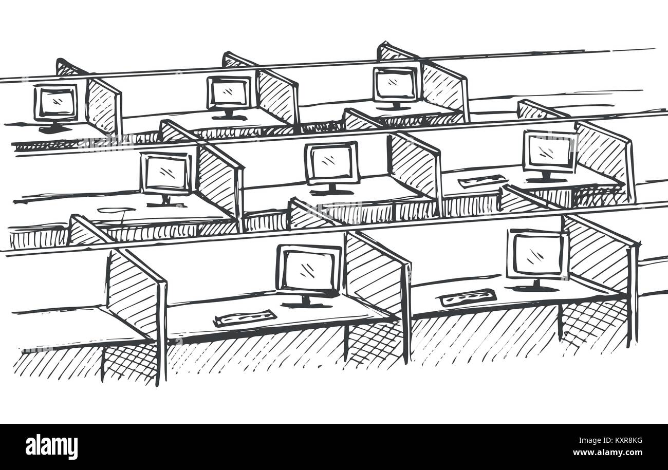 Tables with computers in row. Workplaces in an open space Stock Vector ...