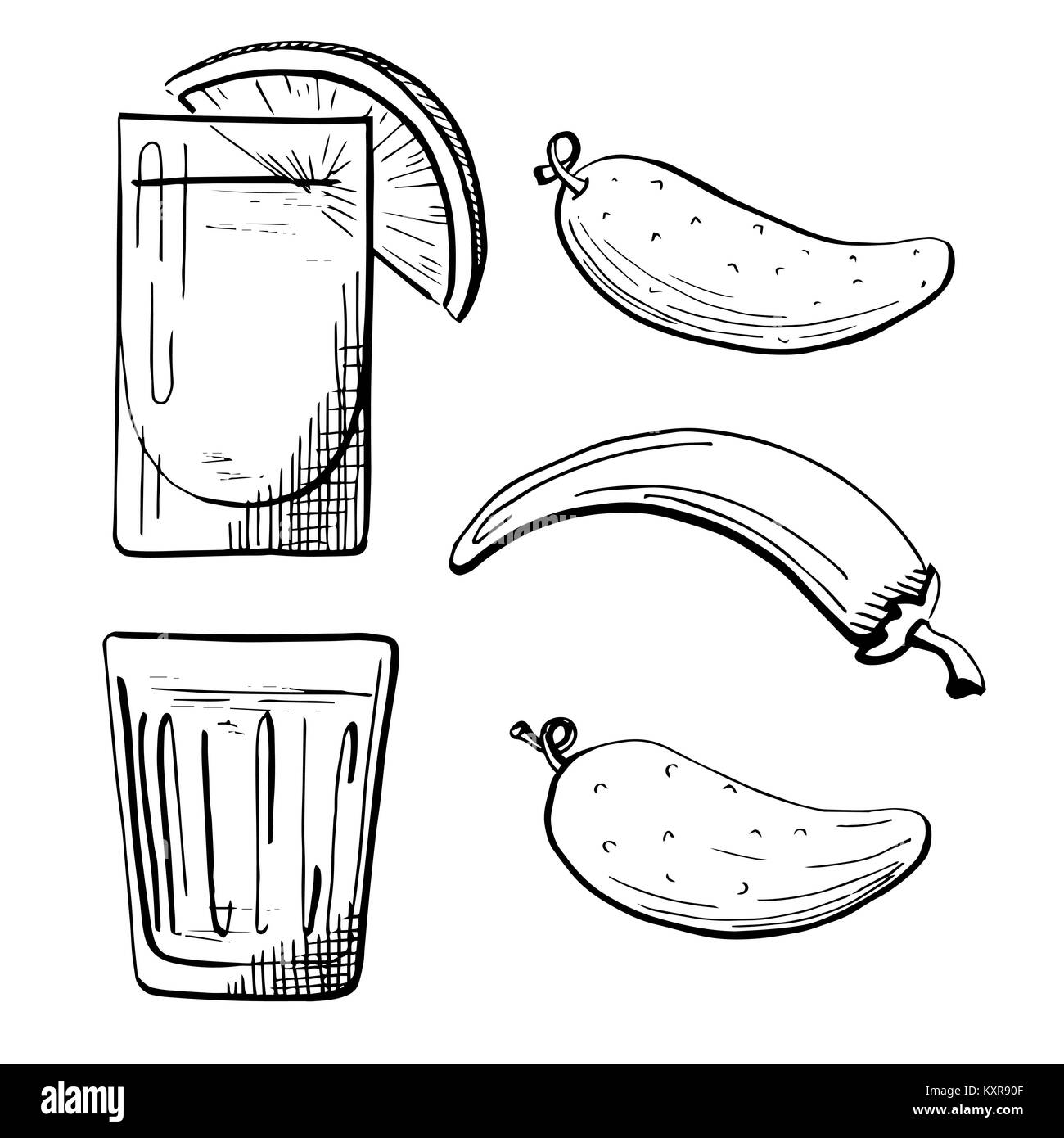 Set snacks to vodka. Two glasses of vodka. Cucumber, pepper, lemon ...