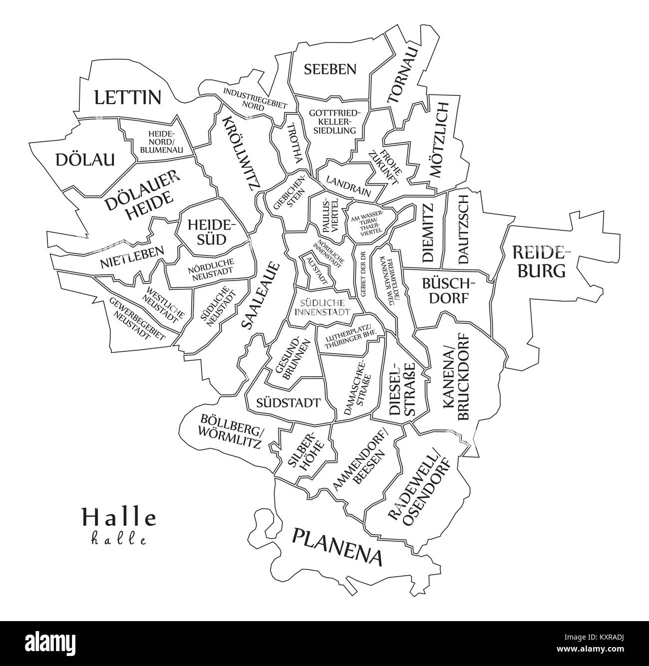 Modern City Map - Halle city of Germany with boroughs and titles DE outline map Stock Vector ...