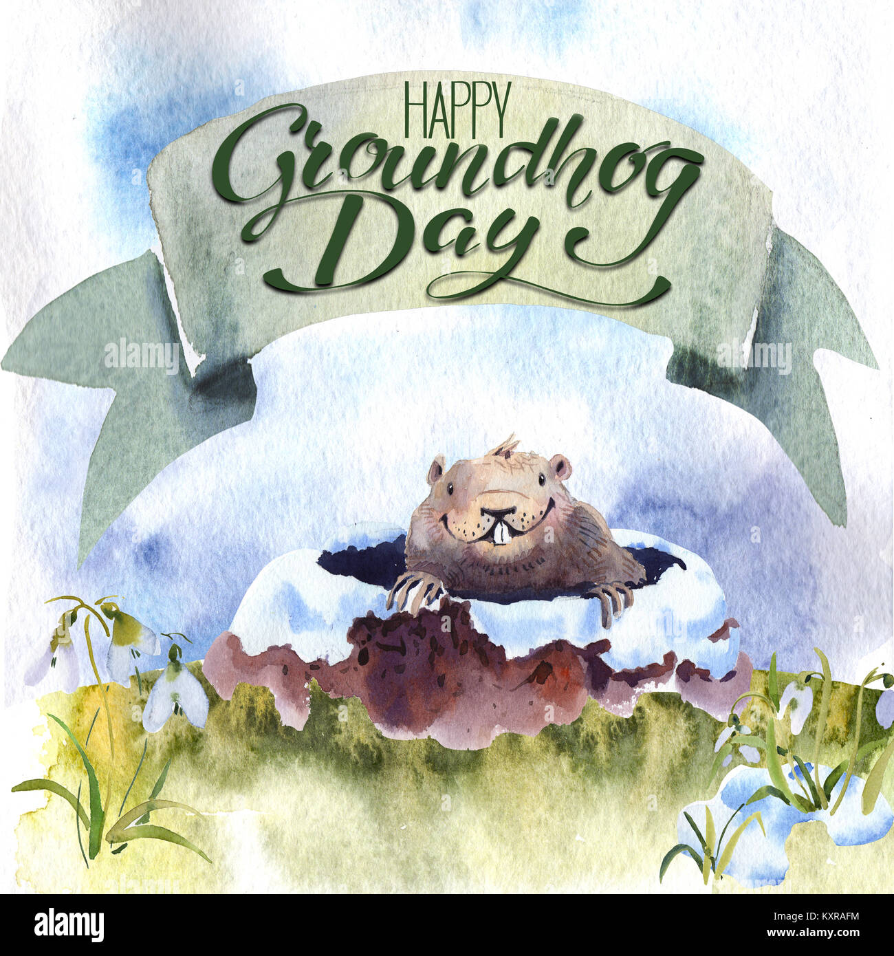 Happy Groundhog Day - hand hand drawing watercolor card groundhog ...