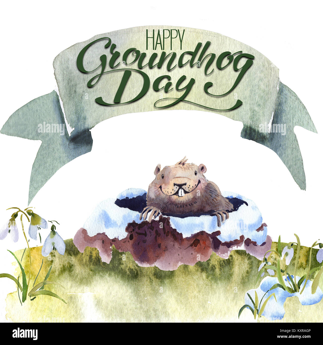 Happy Groundhog Day - hand hand drawing watercolor card groundhog ...
