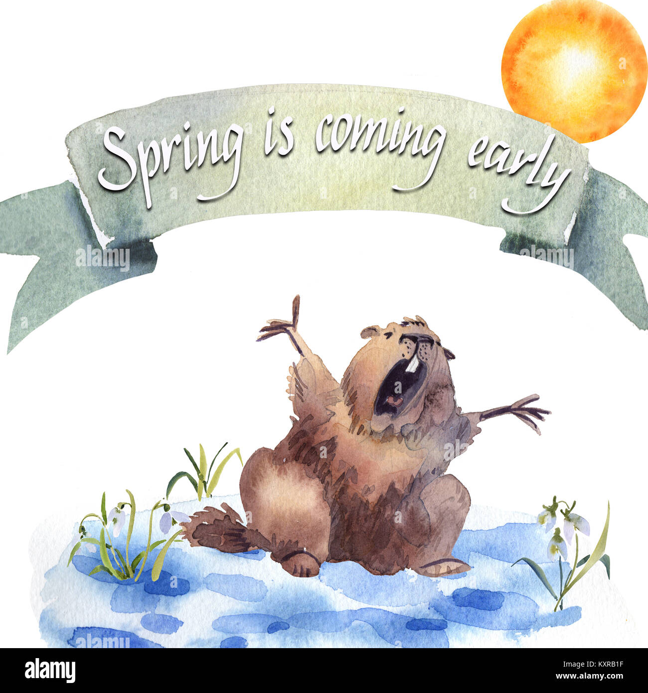 Happy Groundhog Day - hand hand drawing watercolor card groundhog ...
