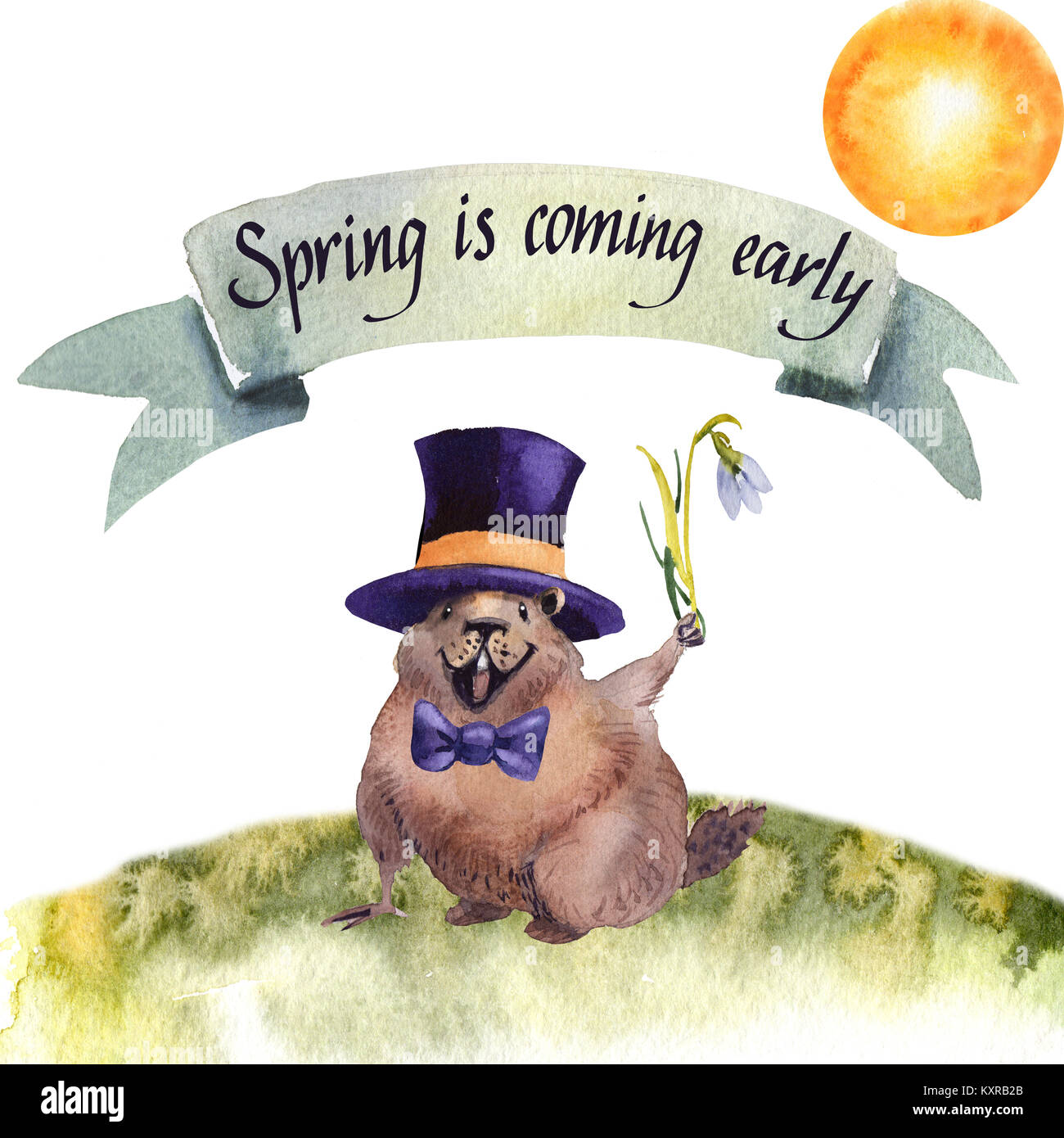 Happy Groundhog Day - hand hand drawing watercolor card groundhog ...
