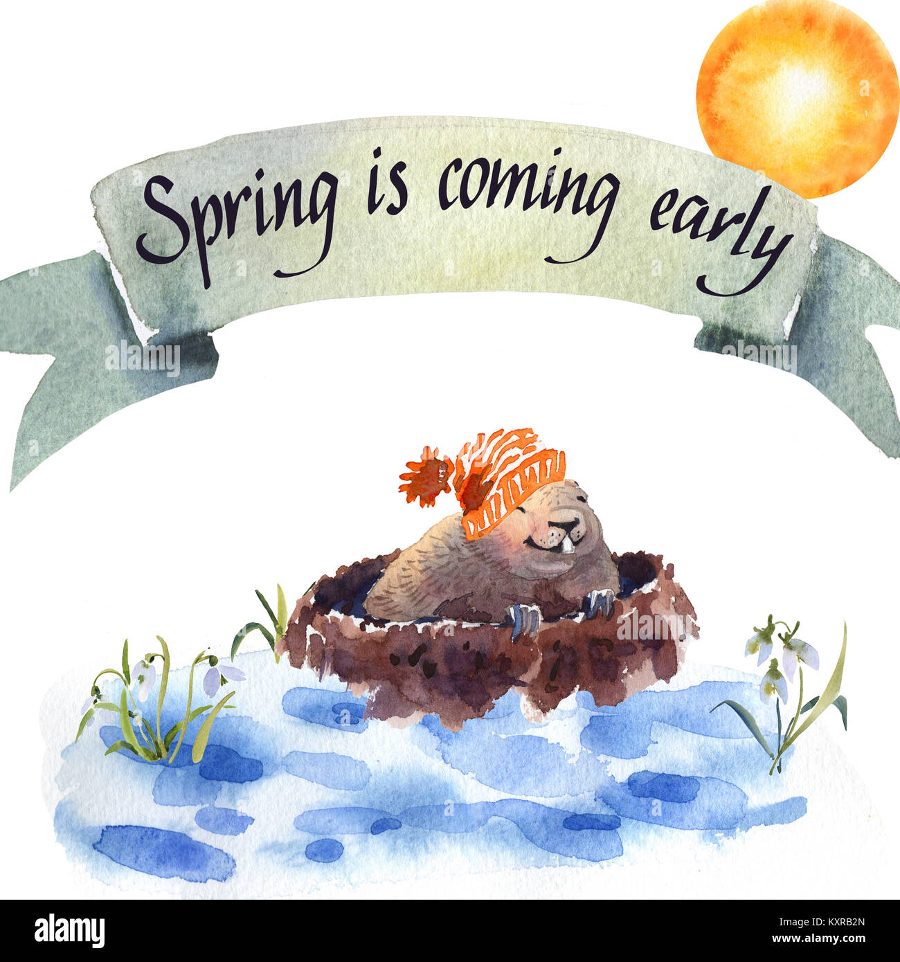 Happy Groundhog Day - hand hand drawing watercolor card groundhog ...