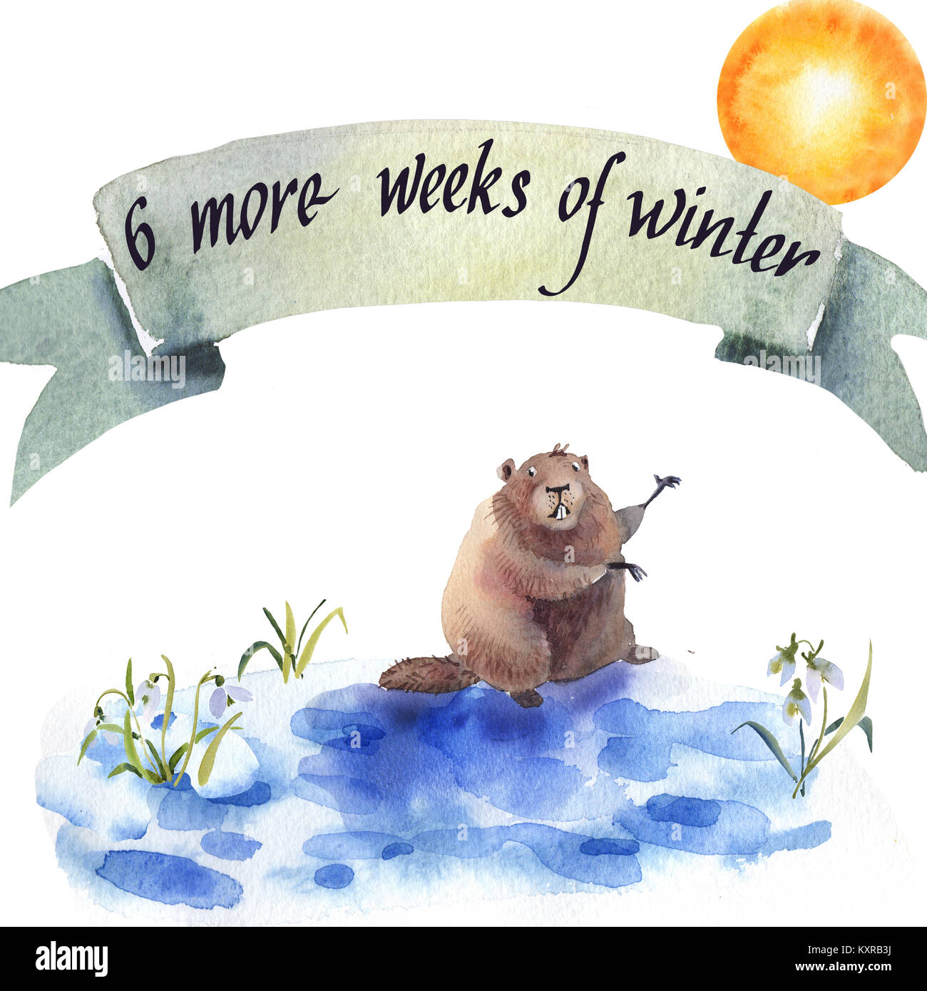 Happy Groundhog Day - hand hand drawing watercolor card groundhog ...