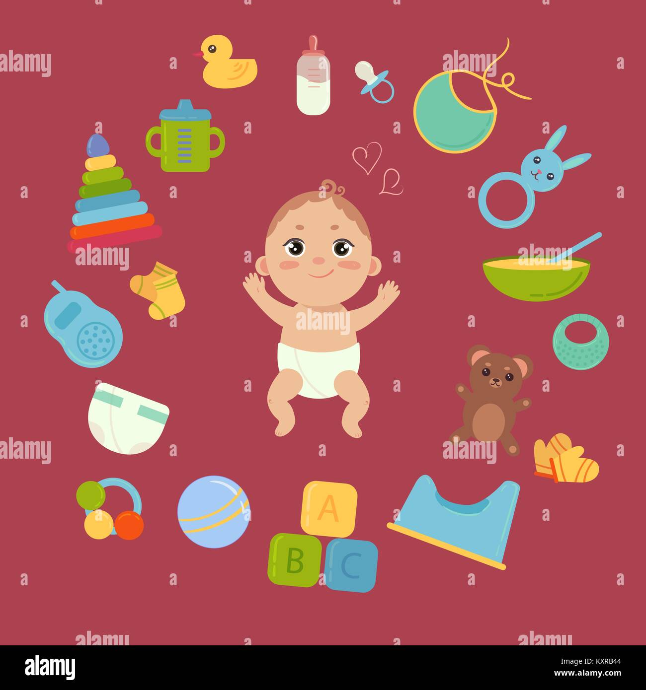 Cute little baby in diaper with newborn essentials Stock Vector Image ...